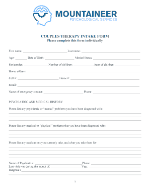 Fillable Online COUPLES THERAPY INTAKE FORM Please complete this form ...