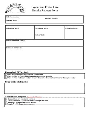 Fillable Online Sojourners Foster Care Respite Request Form Fax Email ...