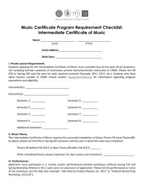 Fillable Online Music Certificate Program Requirement Checklist ... Fax ...