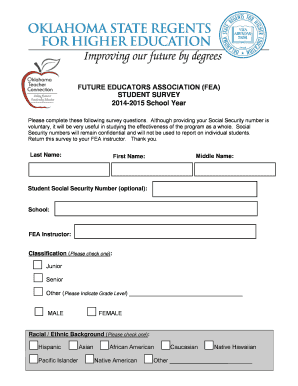 Fillable Online FUTURE EDUCATORS ASSOCIATION (FEA STUDENT SURVEY Fax ...