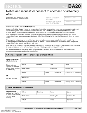 Fillable Online FORM BA20: Notice and request for consent to encroach ...