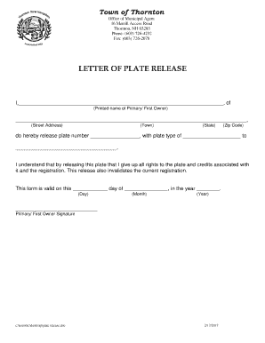 Fillable Online LETTER OF PLATE RELEASE - Thornton, New Hampshire Fax ...