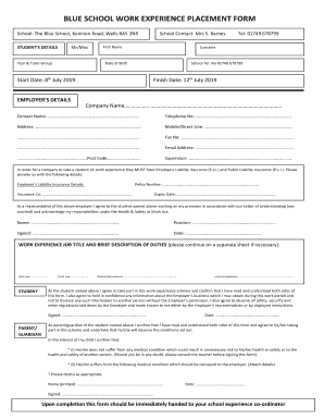 Fillable Online BLUE SCHOOL WORK EXPERIENCE PLACEMENT FORM Fax Email ...