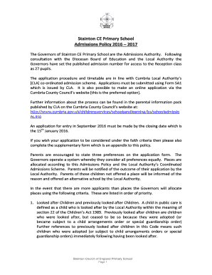 Fillable Online Stainton CE Primary School Admissions Policy 2016 ...