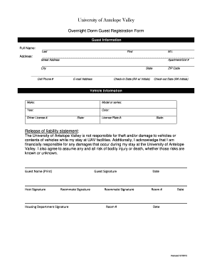 Fillable Online Overnight Dorm Guest Registration Form Fax Email Print ...