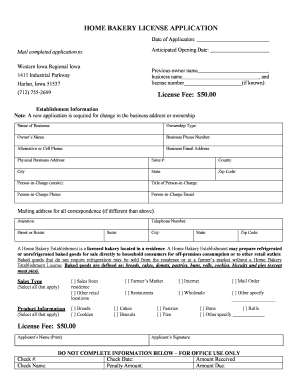 Fillable Online HOME BAKERY LICENSE APPLICATION License Fee: $50 Fax ...