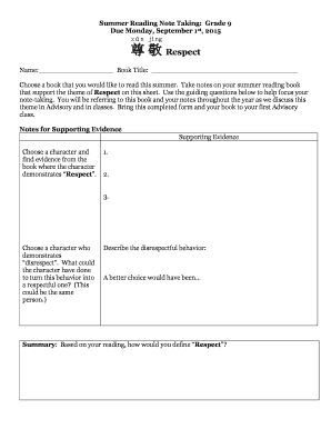 Fillable Online Summer Reading Note Taking: Grade 9 Due Monday, Fax ...