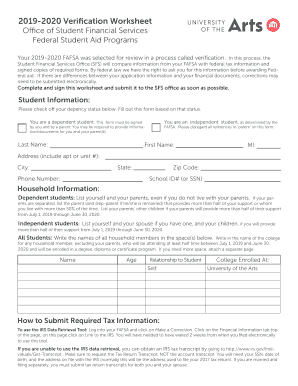 Fillable Online 2019-2020 Verification Worksheet Office of Student ...
