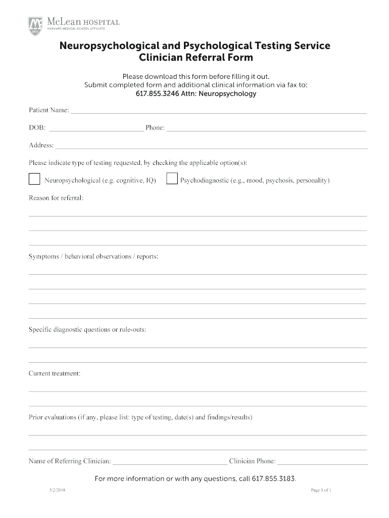 Fillable Online Neuropsychological and Psychological Testing ...