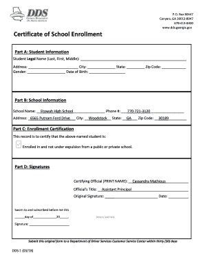 Fillable Online Certificate of School Enrollment - cherokeek12.net Fax ...