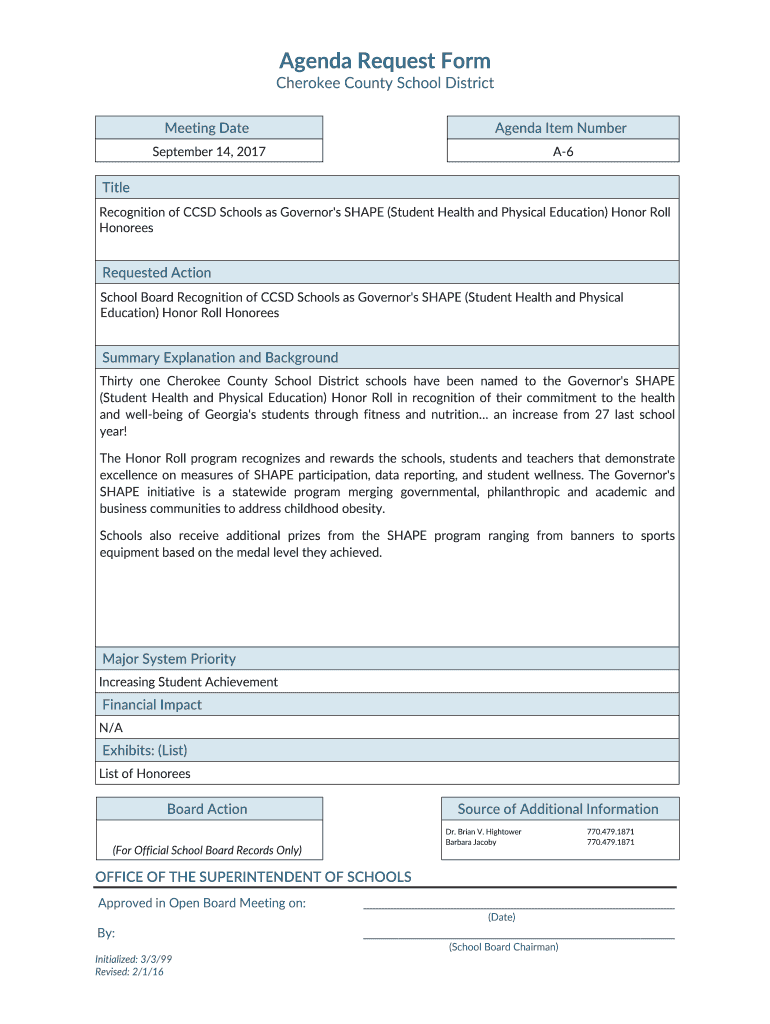 Fillable Online Recognition of CCSD Schools as Governor's SHAPE ...