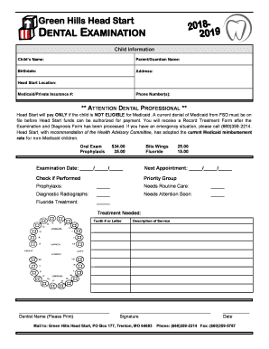 Fillable Online Green Hills Head Start DENTAL XAMINATION Fax Email ...