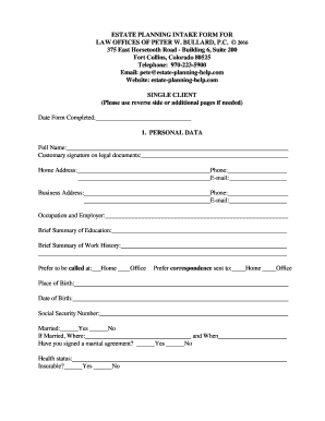 Fillable Online ESTATE PLANNING INTAKE FORM FOR LAW OFFICES OF PETER W ...