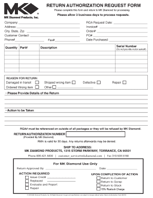 Fillable Online return authorization request form - MK Diamond Fax ...