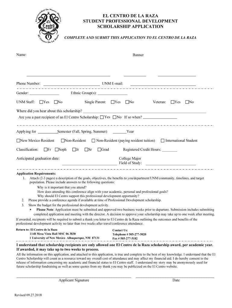 Fillable Online elcentro unm el centro de la raza student professional ... - UNM El Centro de la ...