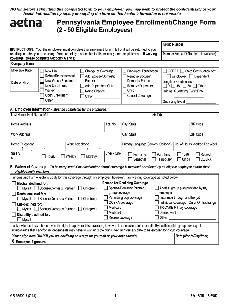 Fillable Online Pennsylvania Employee Enrollment/Change Form (2 - 50 ... Fax Email Print - pdfFiller