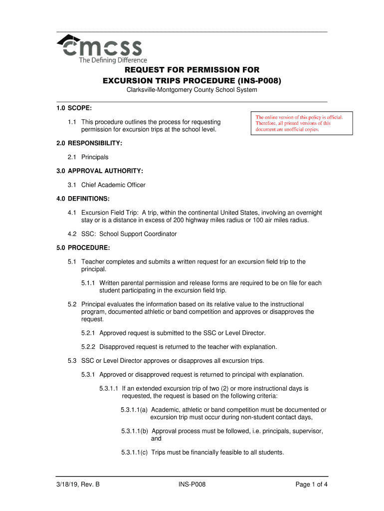 Fillable Online request for permission for excursion trips procedure ...