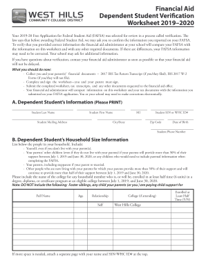 Fillable Online Dependent Student Verification Worksheet 2019-2020 Fax ...