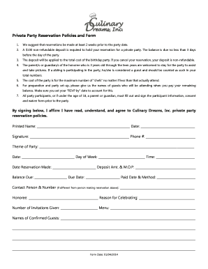 Fillable Online Private Party Reservation Policies and Form Fax Email ...