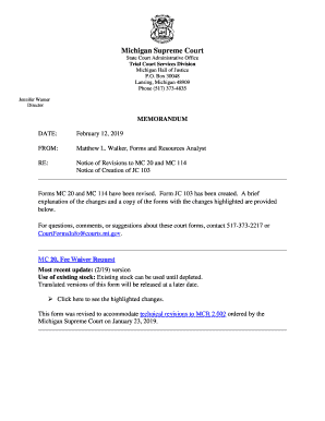 Fillable Online courts michigan Revisions to MC 20 and MC 114. Creation ...