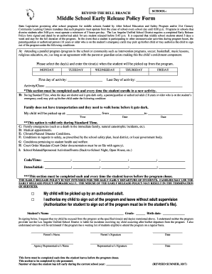 Fillable Online BEYOND THE BELL BRANCH Middle School Early Release ...
