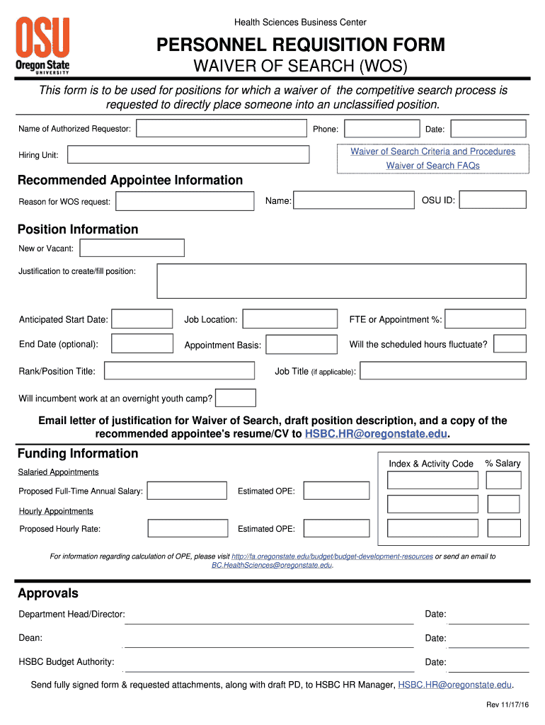 Fillable Online fa oregonstate PERSONNEL REQUISITION FORM - fa.oregonstate.edu Fax Email Print ...