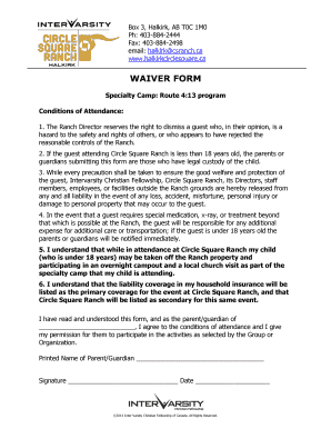 Fillable Online WAIVER FORM - InterVarsity Circle Square Ranch, Halkirk ...