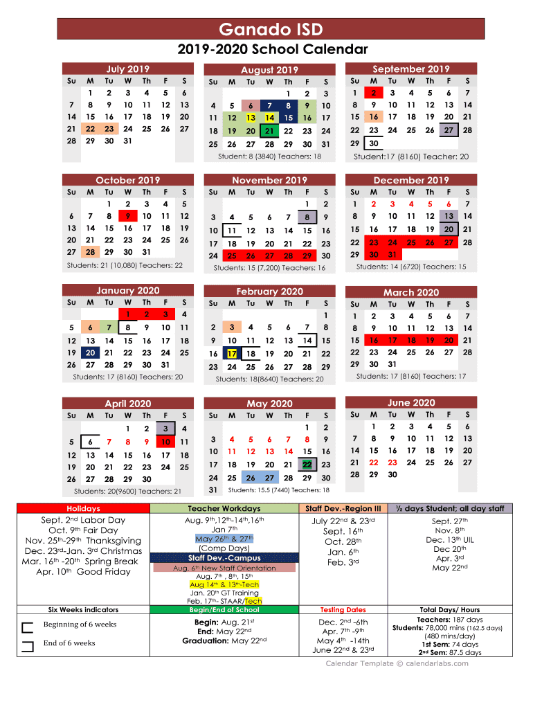 Fillable Online Ganado Independent School District / Calendar - Ganado ...