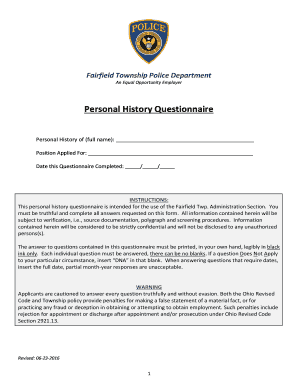 Fillable Online Personal History Questionnaire - Fairfield Township Fax Email Print - pdfFiller