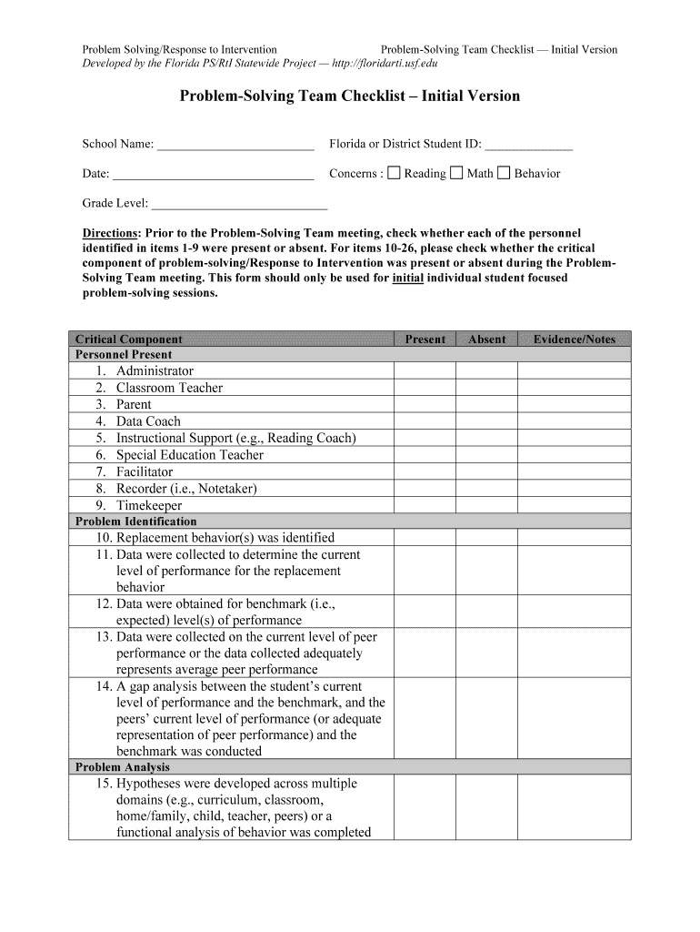 Fillable Online Problem-Solving Team ChecklistInitial Version - PS/RtI Fax Email Print - pdfFiller