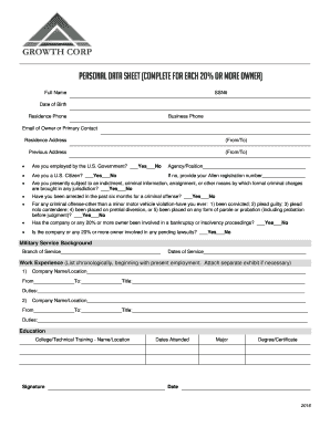 Fillable Online Personal Data Sheet (complete for each 20% or more ...