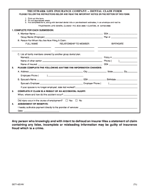 Fillable Online TRUSTMARK LIFE INSURANCE COMPANYDENTAL CLAIM Fax Email ...