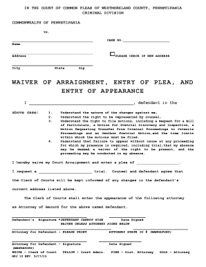 Fillable Online waiver of arraignment, entry of plea, and entry of ...