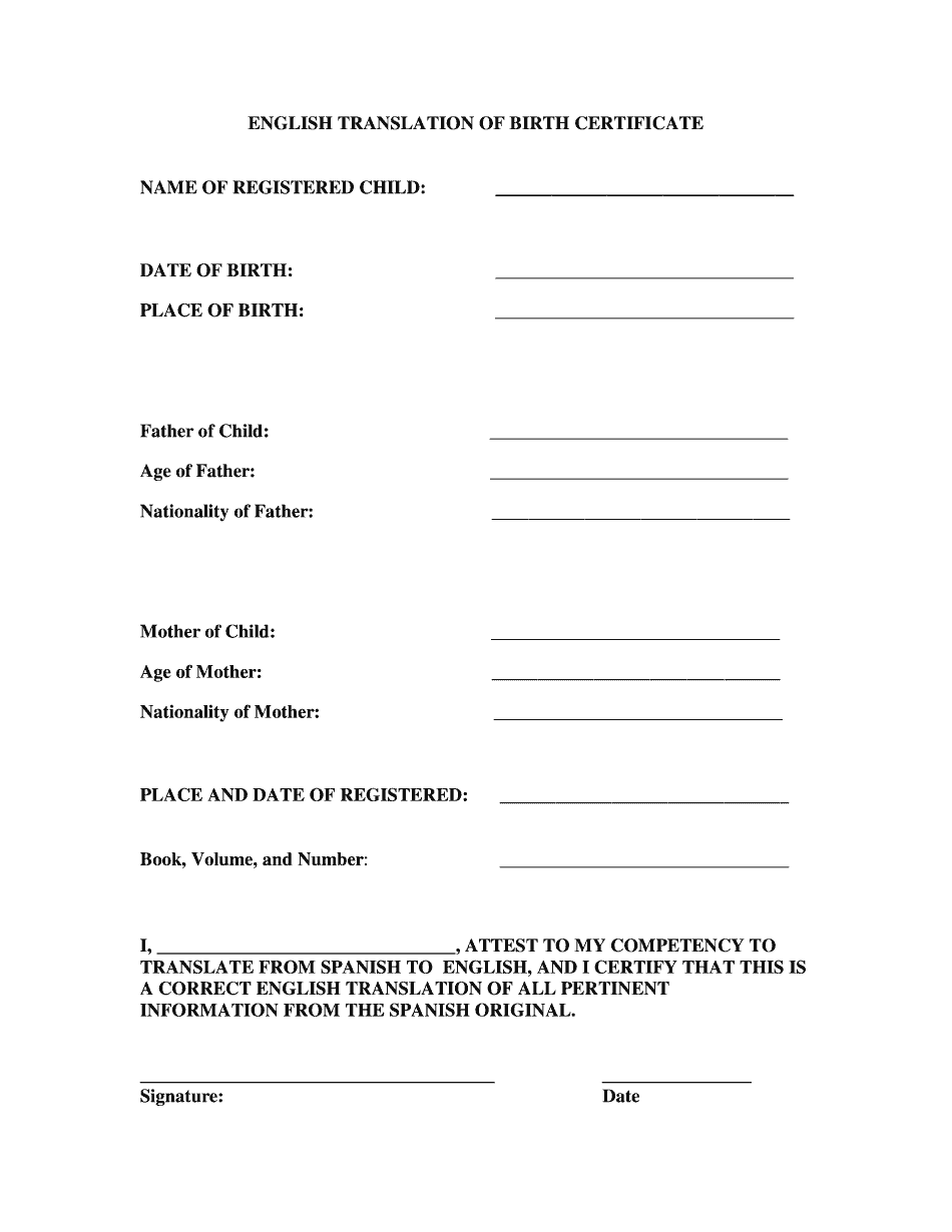 Birth Certificate Translation Template Fill Online Printable 