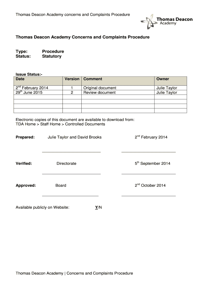 Fillable Online Thomas Deacon Academy Concerns and Complaints Fax Email ...