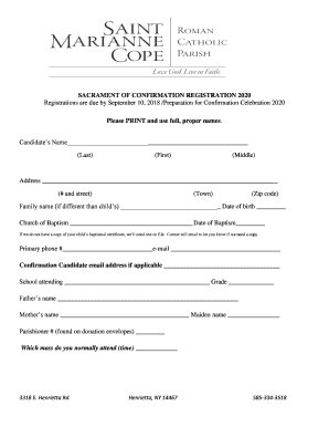 Fillable Online SACRAMENT OF CONFIRMATION REGISTRATION 2020 Please Fax ...