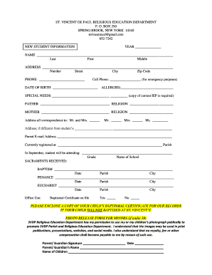 Fillable Online ST. VINCENT DE PAUL RELIGIOUS EDUCATION DEPARTMENT P. O ...