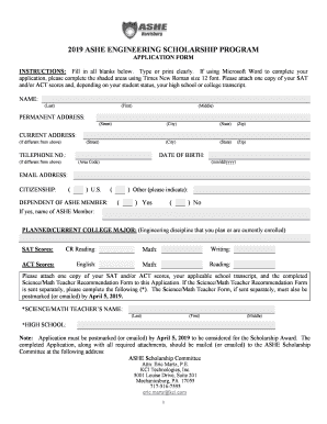 Fillable Online 2019 ASHE Engineering Scholarship Application Form Fax ...