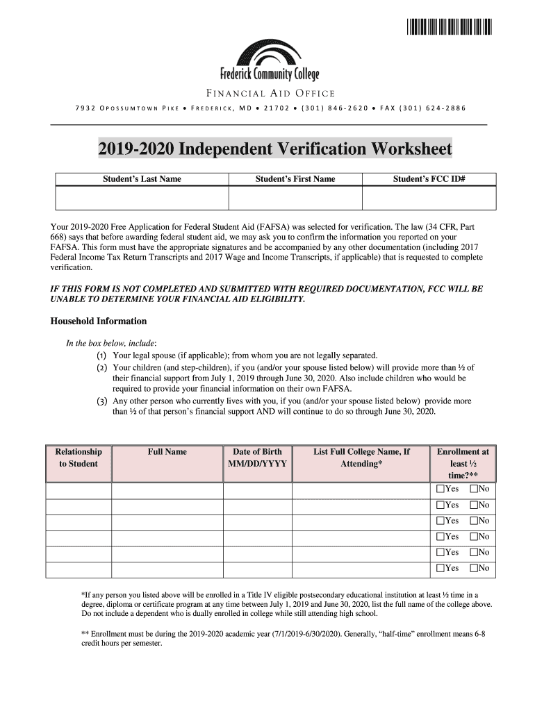 Fillable Online 2019-2020 Independent Verification Worksheet - frederick.edu Fax Email Print ...