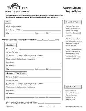 Fillable Online Account Closing Request Form - fortleecu.org Fax Email ...