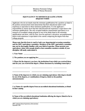Fillable Online Equivalency to Minimum Qualifications Request Form Fax ...