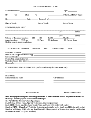 Fillable Online OBITUARY WORKSHEET FORM Fax Email Print - pdfFiller