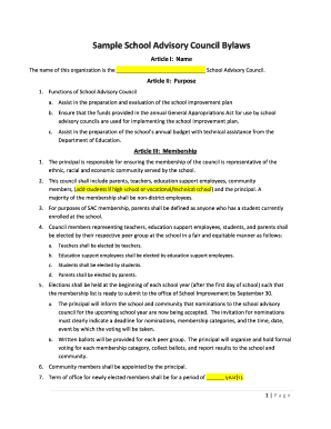 Fillable Online Sample School Advisory Council Bylaws - School District ...