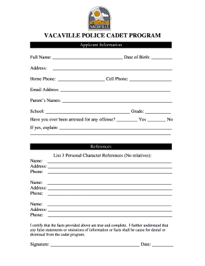 Fillable Online VACAVILLE POLICE CADET PROGRAM Fax Email Print - pdfFiller