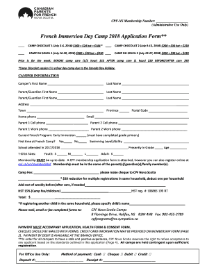 Fillable Online ns cpf French Immersion Day Camp 2018 Application Form ...