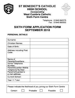 Fillable Online SIXTH FORM APPLICATION FORM SEPTEMBER 2018 Fax Email ...