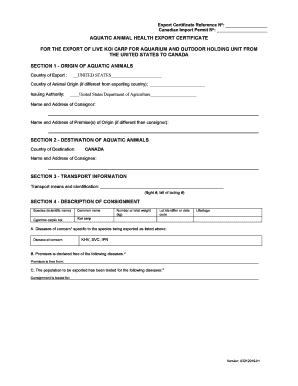 Fillable Online Aquatic Animal Health Export Certificate for the Export ...