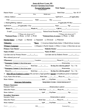 Fillable Online ANKLE FOOT CLINIC PS PATIENT INFORMATION FORM Fax Email Print - pdfFiller