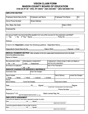 Fillable Online boe maso k12 wv VISION CLAIM FORM MASON COUNTY BOARD OF ...