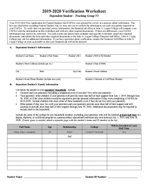 Fillable Online 20182019 Verification Worksheet Dependent Student ...